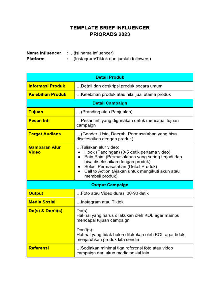 PRIORADS - Template Brief Influencer KOL | PDF