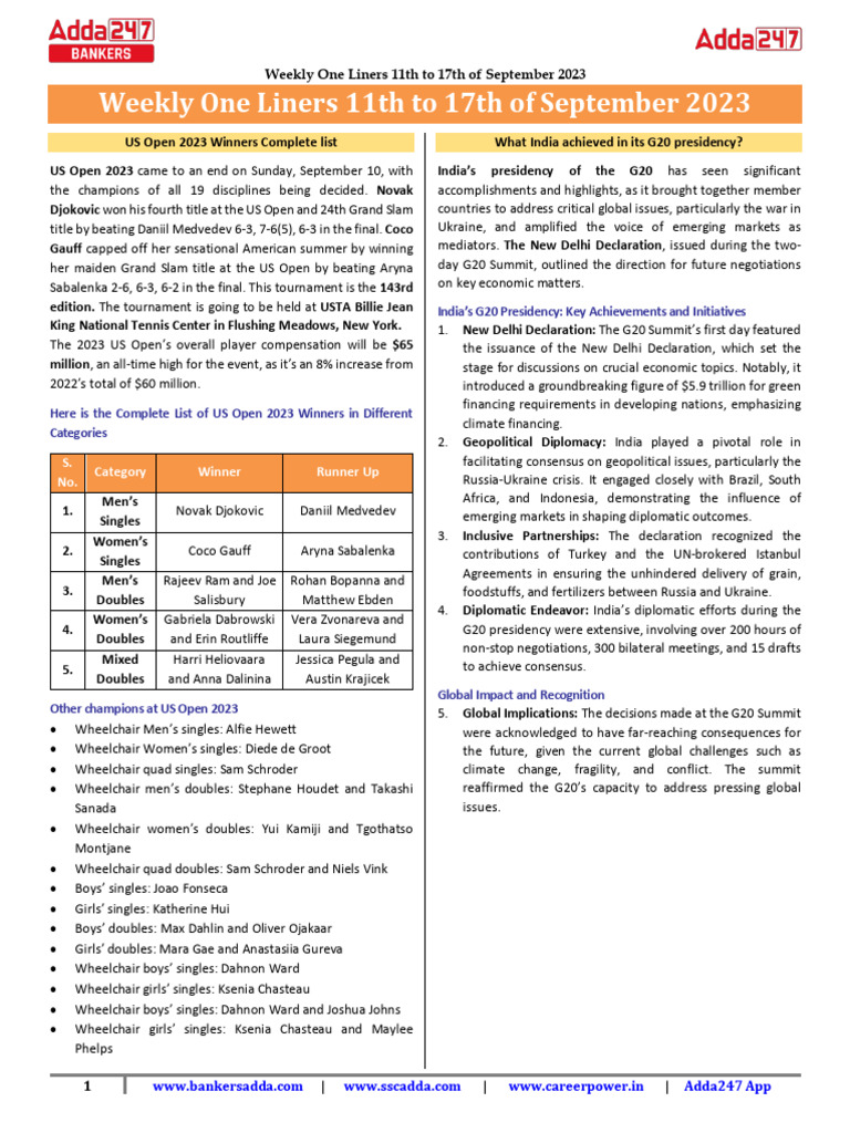 Weekly One Liners 11th To 17th of September 2023 | PDF | Securities ...