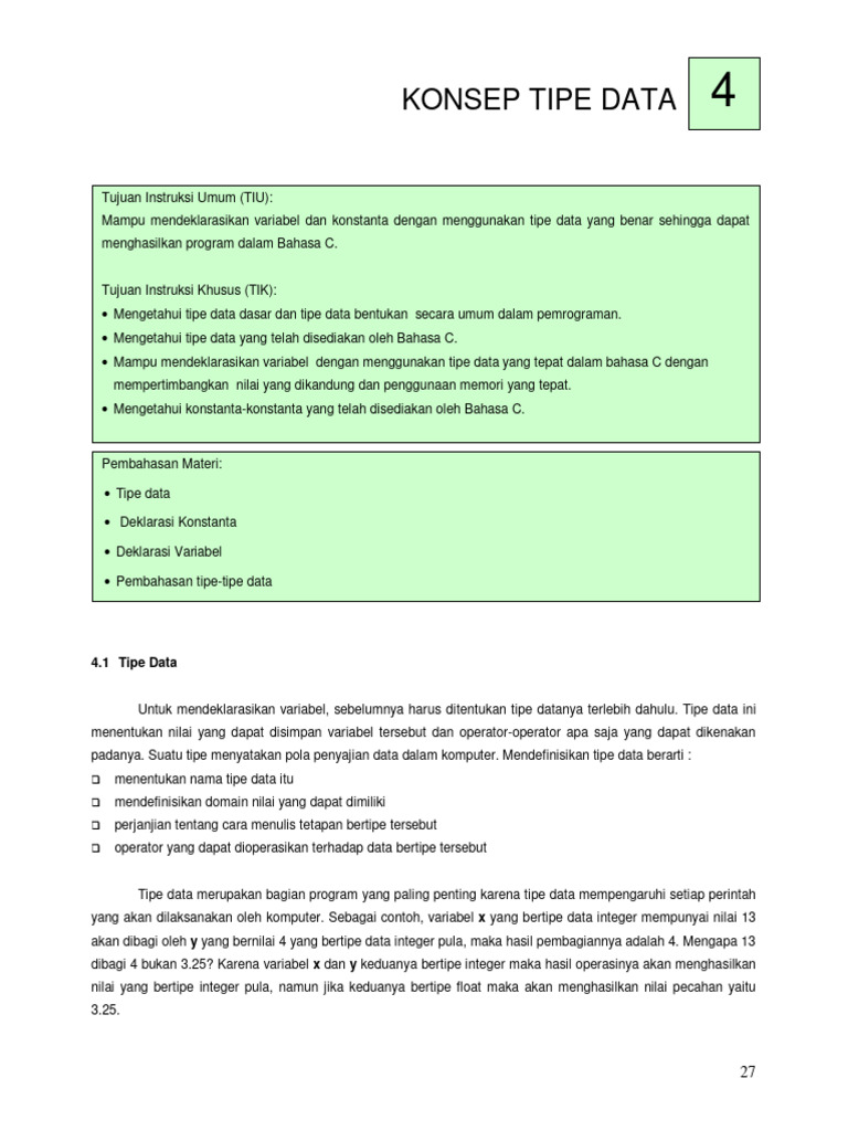 Pemograman C Bab 04 Konsep Tipe Data PDF | PDF