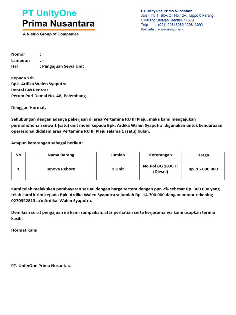 Surat Pengajuan Unit | PDF