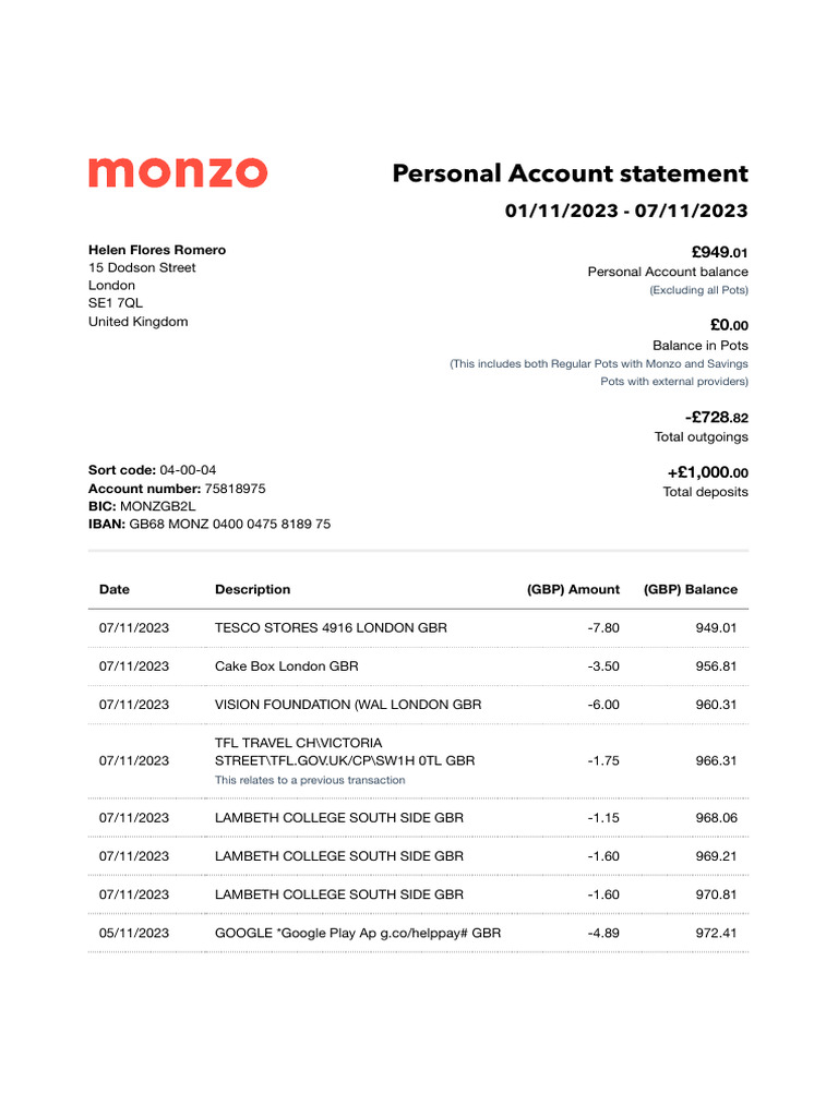 Monzo - Bank - Statement - 2023 11 01 2023 11 07 - 528 | PDF | Deposit ...