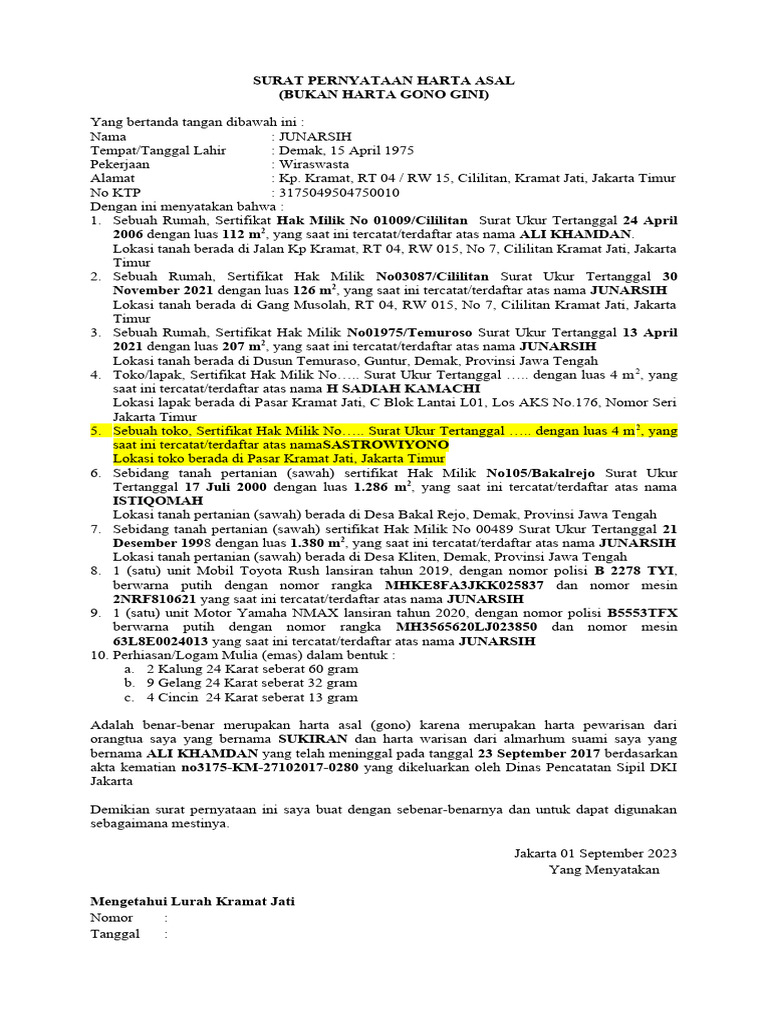 Surat Pernyataan Harta Asal | PDF