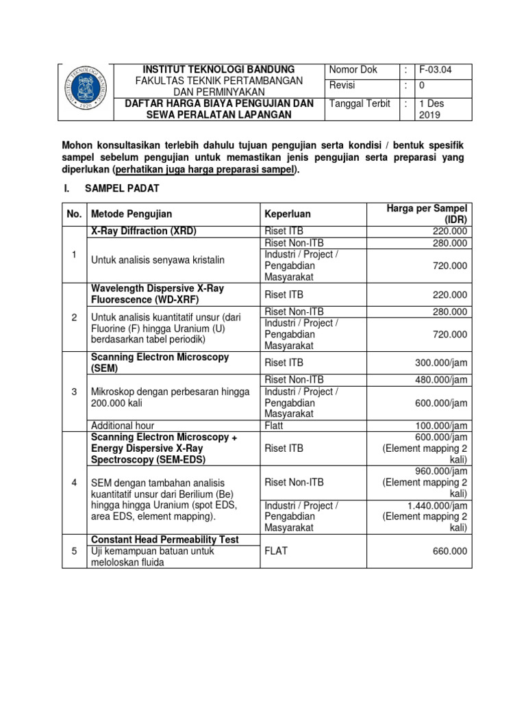Daftar Harga Pengujian ITB 2019 | PDF