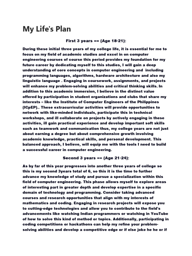 My Life's Plan - Moratalla - CPE 232 - Nationalian | PDF | Expert | Mentorship