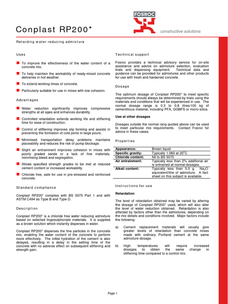 Conplast RP200 | PDF | Concrete | Cement