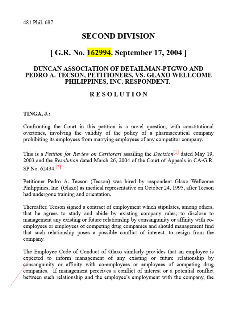 3) Duncan Association of Detailman-Ptgwo and Pedro A. Tecson V Glaxo ...