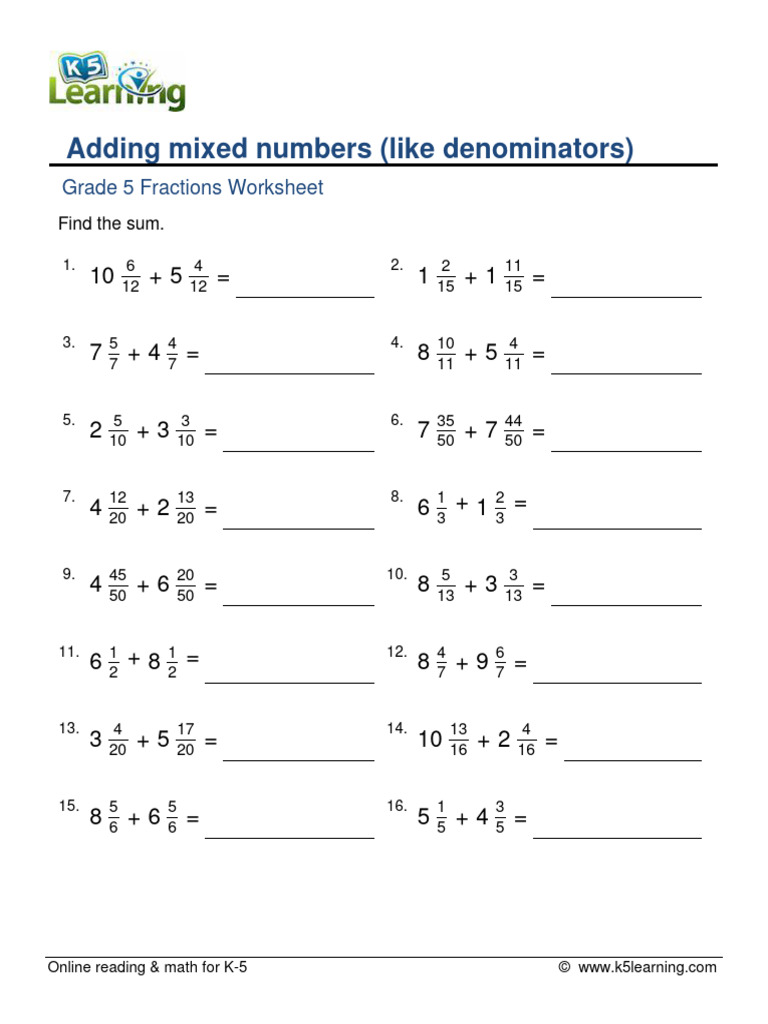 Grade 5 Adding Mixed Numbers Like Denominators C | PDF | Lexicology ...