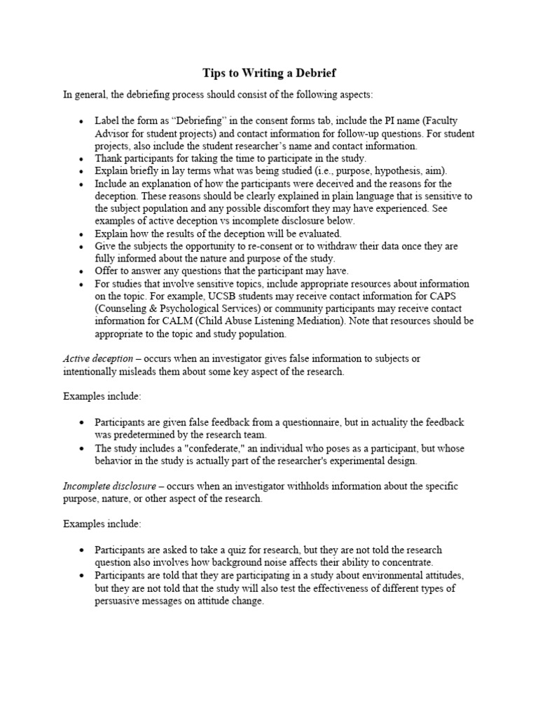 Writing A Debrief | PDF | Deception | Psychological Concepts