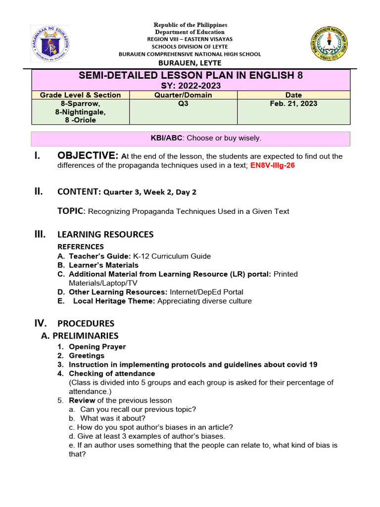 LEsson Plan in English 8 Q3 Week 2 Propaganda Techniques | PDF ...