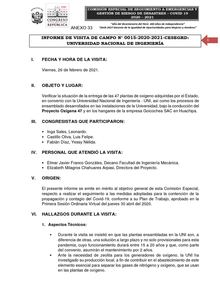 MODELO DE INFORME VISITA A CAMPO | PDF | Oxígeno | Perú