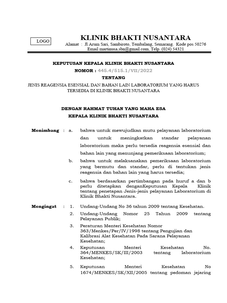 PKP 13.4 SK Penetapan Jenis-Jenis Reagensia Esesnsial Laboratorium | PDF