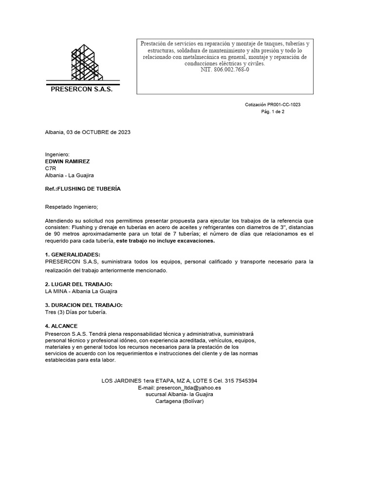 Cotizacion Flushing 2023 | PDF | Tubería (transporte de fluidos)