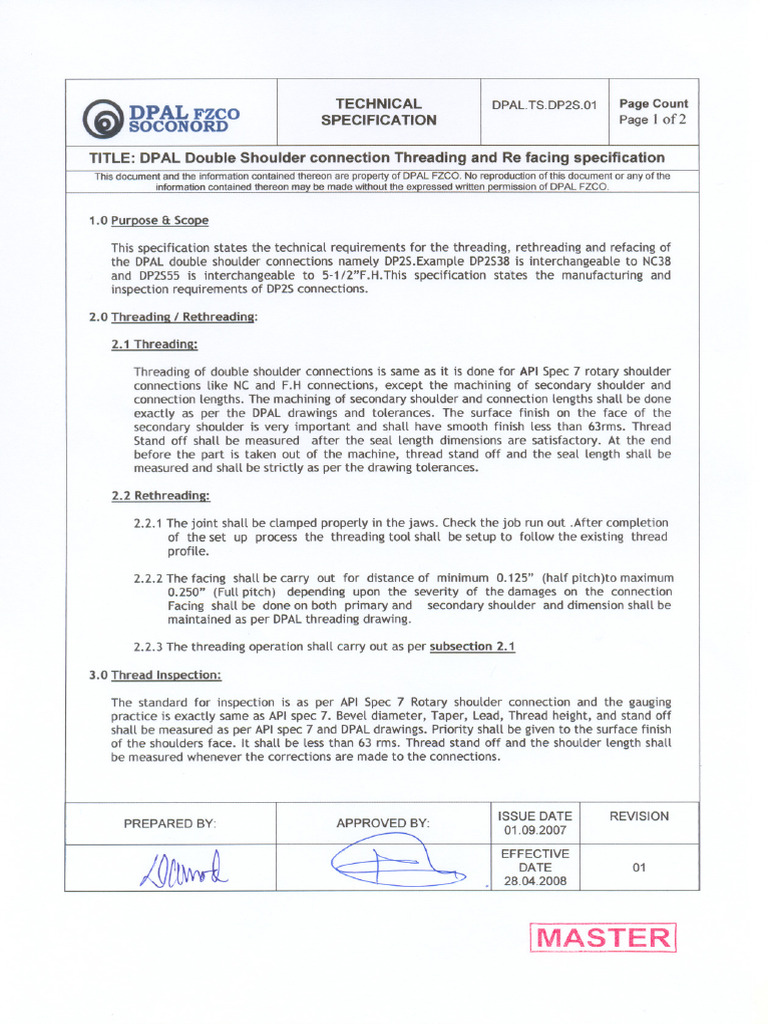 DP2S Rethreading Technical Specification | PDF | Machining | Manufactured Goods
