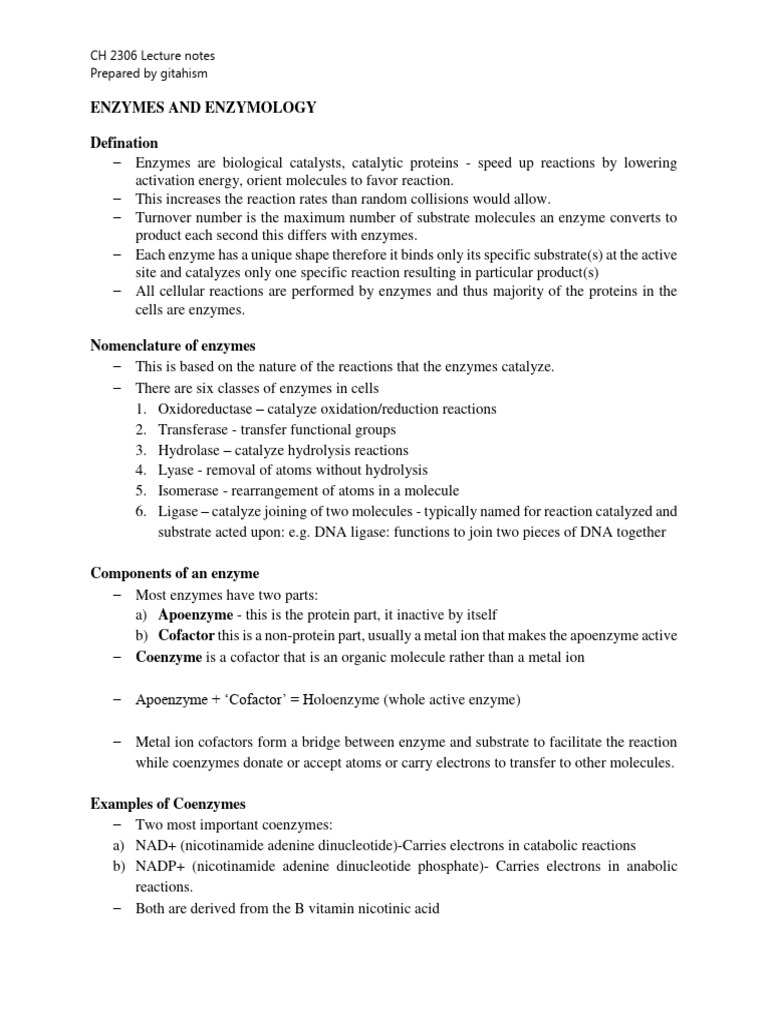 Ch 2306 Lecture Notes Part 2 Enzymology 1 Pdf Enzyme Enzyme Inhibitor