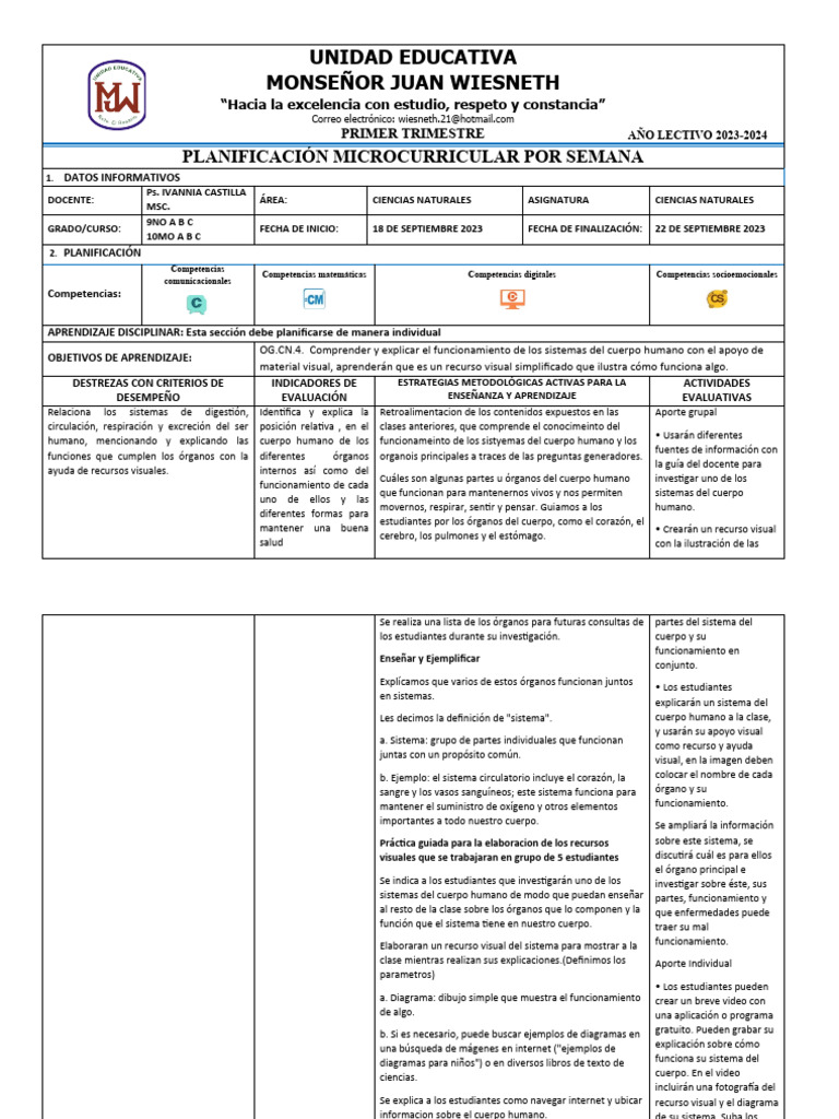 Ciencias Naturales Semana 22 PLANIFICACION SEMANAL - UEMJW | PDF ...