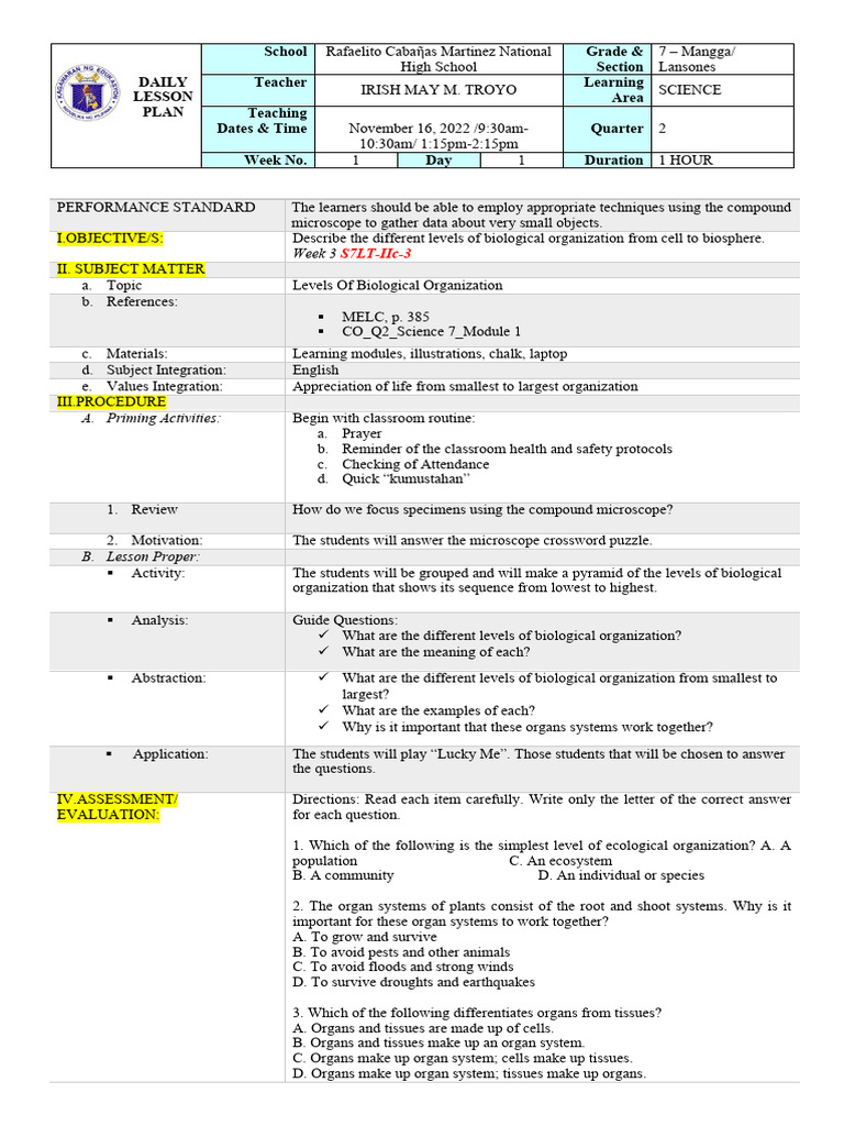 Levels of Biological Organization | PDF | Learning | Tissue (Biology)