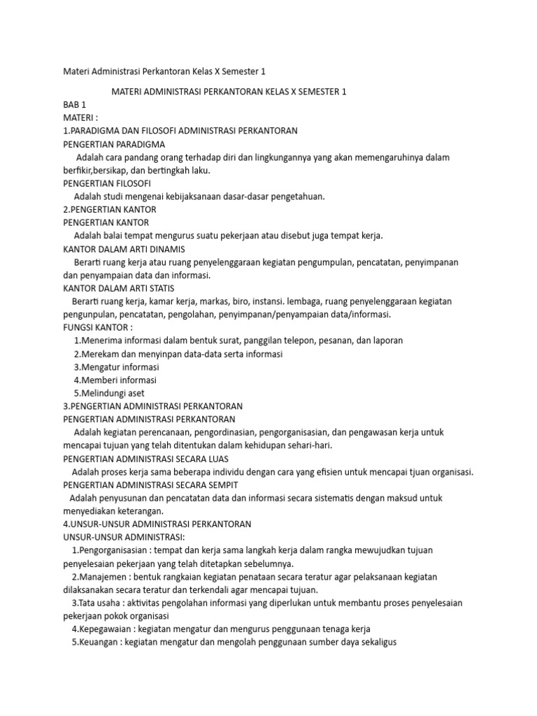 Materi Administrasi Perkantoran Kelas X Semester 1 IRMA | PDF