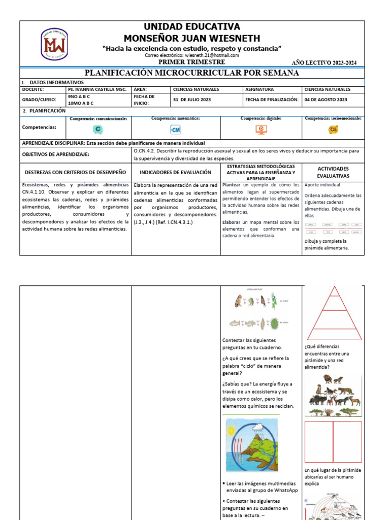 ciencias naturales semana 15 PLANIFICACION SEMANAL - UEMJW | PDF | Aprendizaje