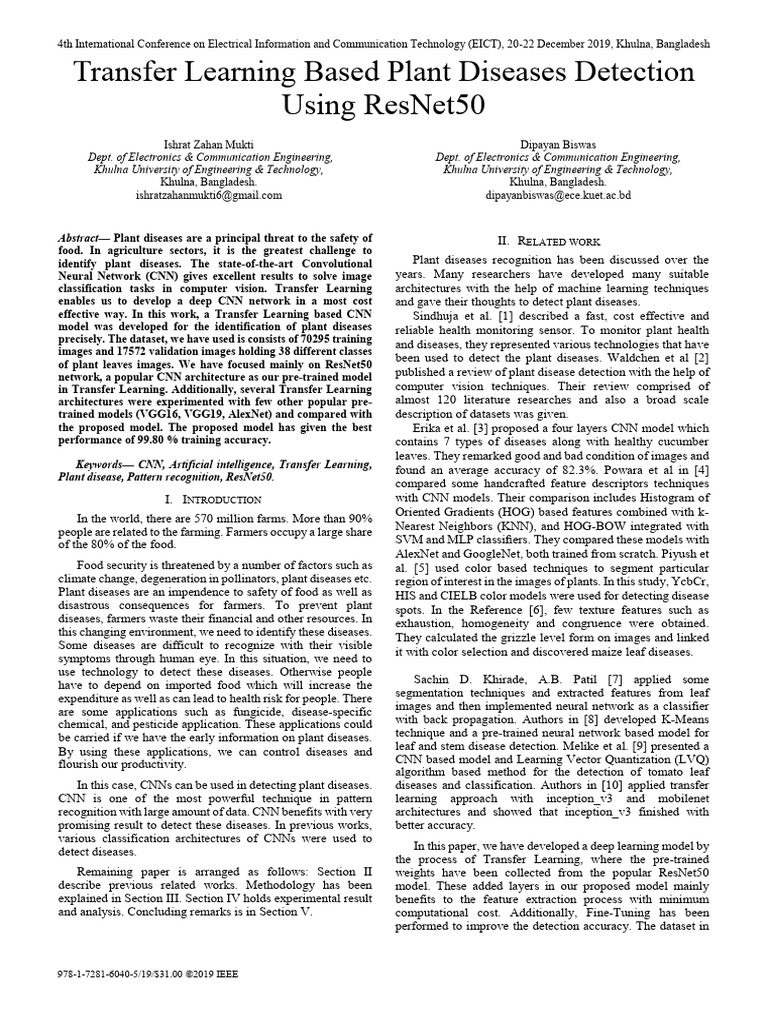1) Transfer Learning Based Plant Disease Detection Using ResNet50 | PDF ...