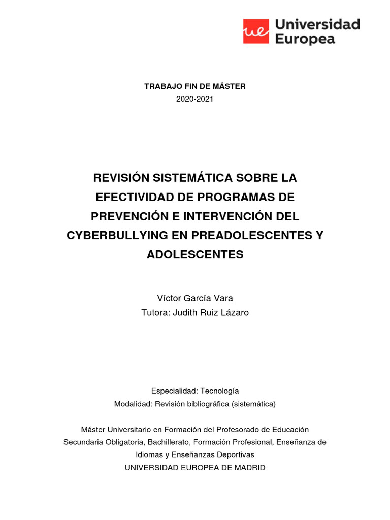 TFM - Revision Sistematica Universidad Europera Bullying | PDF | Acoso ...