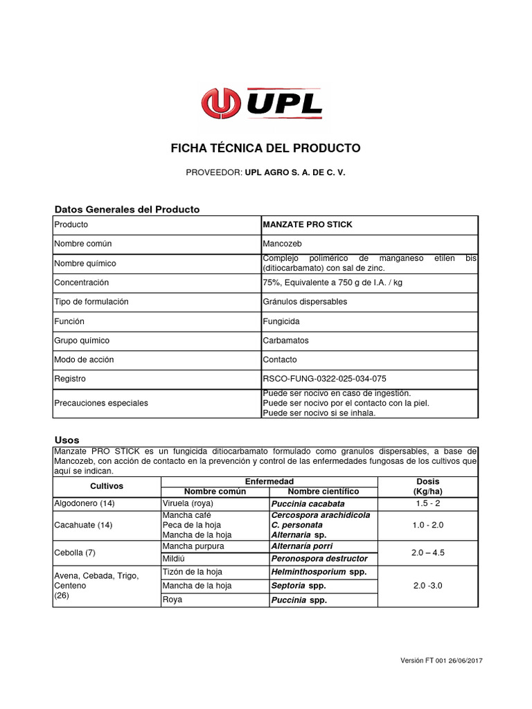 Ficha-Técnica-Manzate-Pro-Stick-UPL-Agro-(México) | PDF | Agua