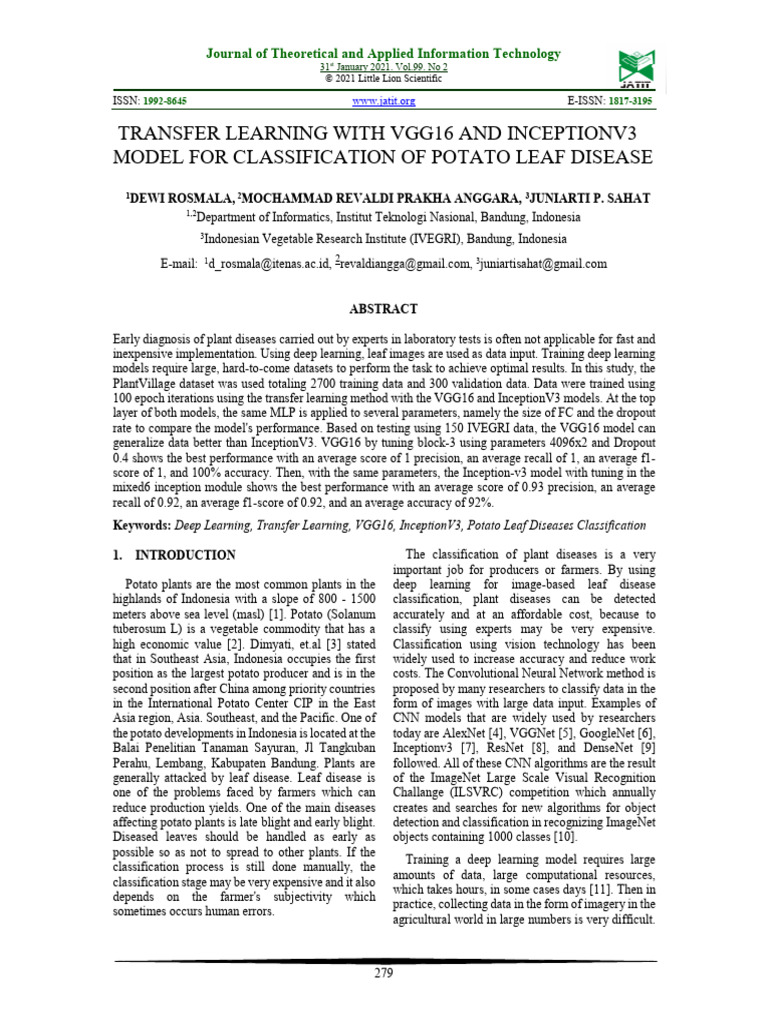 TL With Vgg16 and Inceptionv3 Model For Classifica of Potato Leaf Disease | PDF | International ...