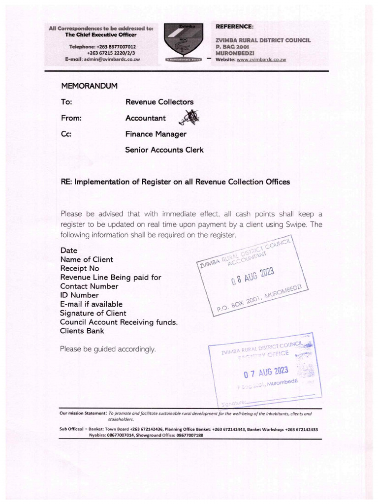 Implementation of Register On All Revenue Collection Offices | PDF