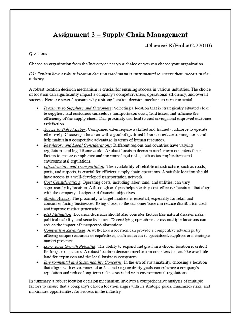 Assignment 3 - Supply Chain Management | PDF | Supply Chain | Risk ...