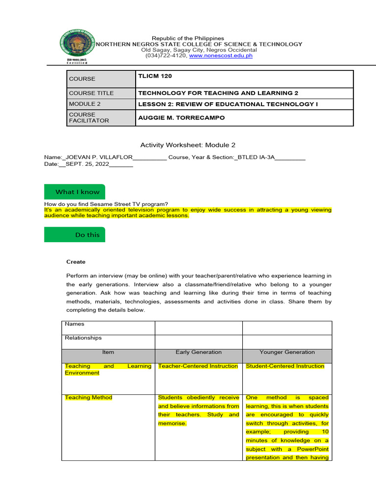Module 2 - Tlicm 120 Activity Worksheet | PDF | Learning | Educational Technology