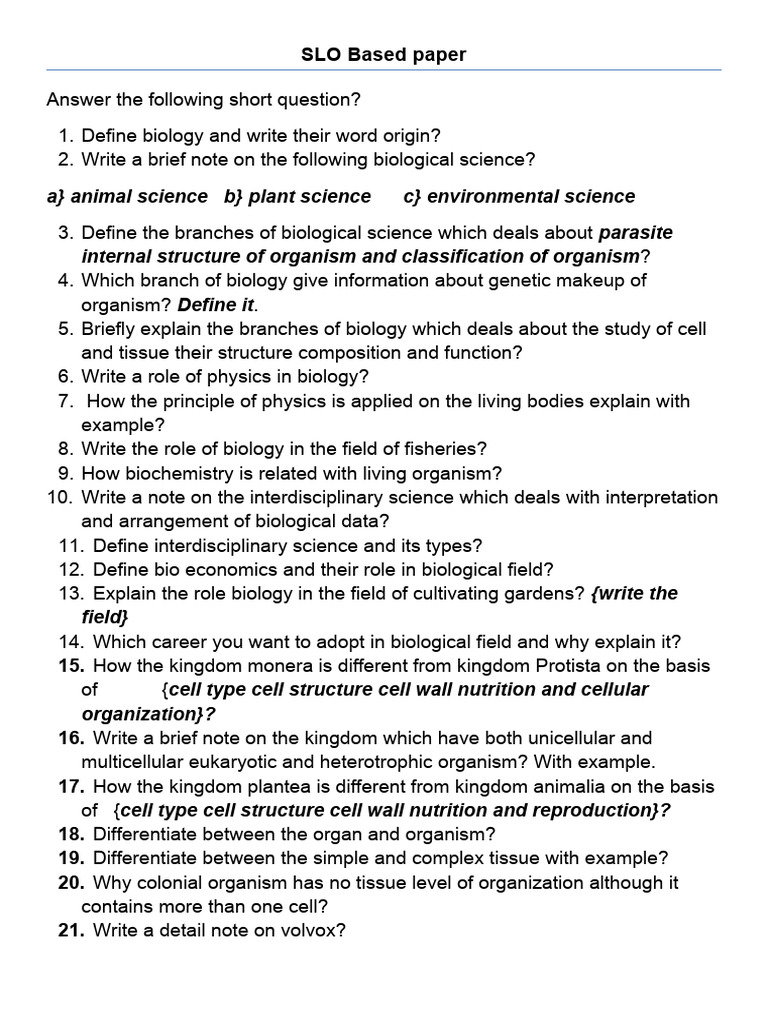 SLO Based Paper | PDF | Cell (Biology) | Organisms
