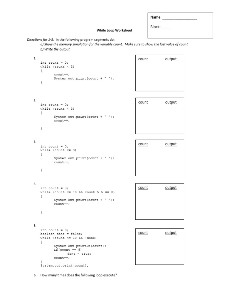 While Loop Worksheet | PDF | Control Flow | Computer Programming