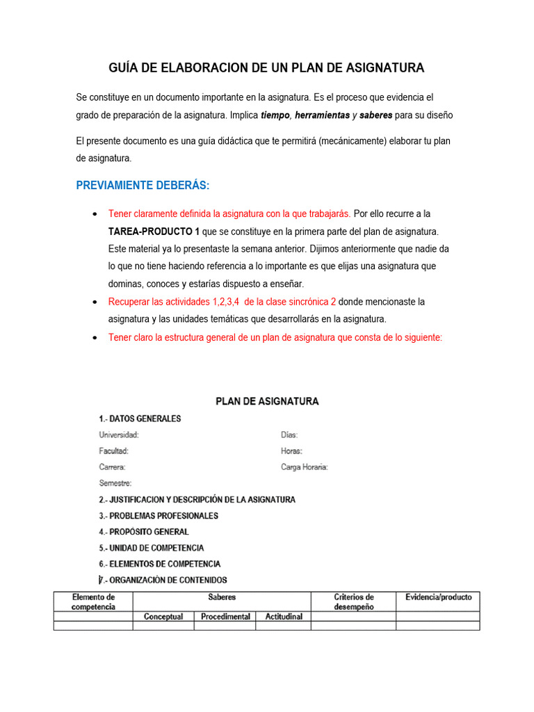 GUÍA DE ELABORACION DE UN PLAN DE ASIGNATURA (2) | PDF | Diseño | Aprendizaje