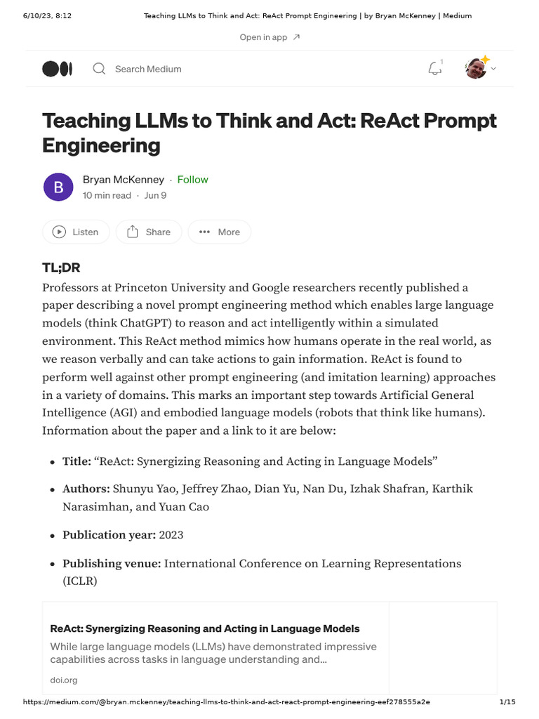 Teaching LLMs To Think and Act - ReAct Prompt Engineering - by Bryan McKenney - Medium | PDF ...