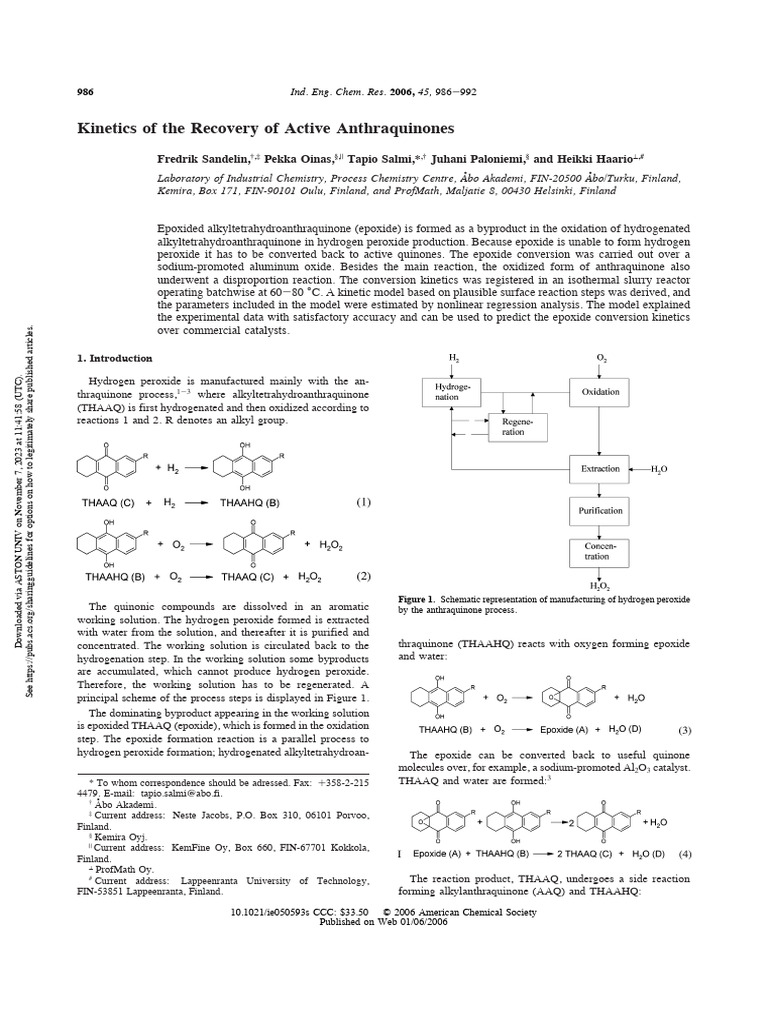 Kinetics of The Recovery of Active Anthraquinones | PDF | Adsorption | Chemical Reactions