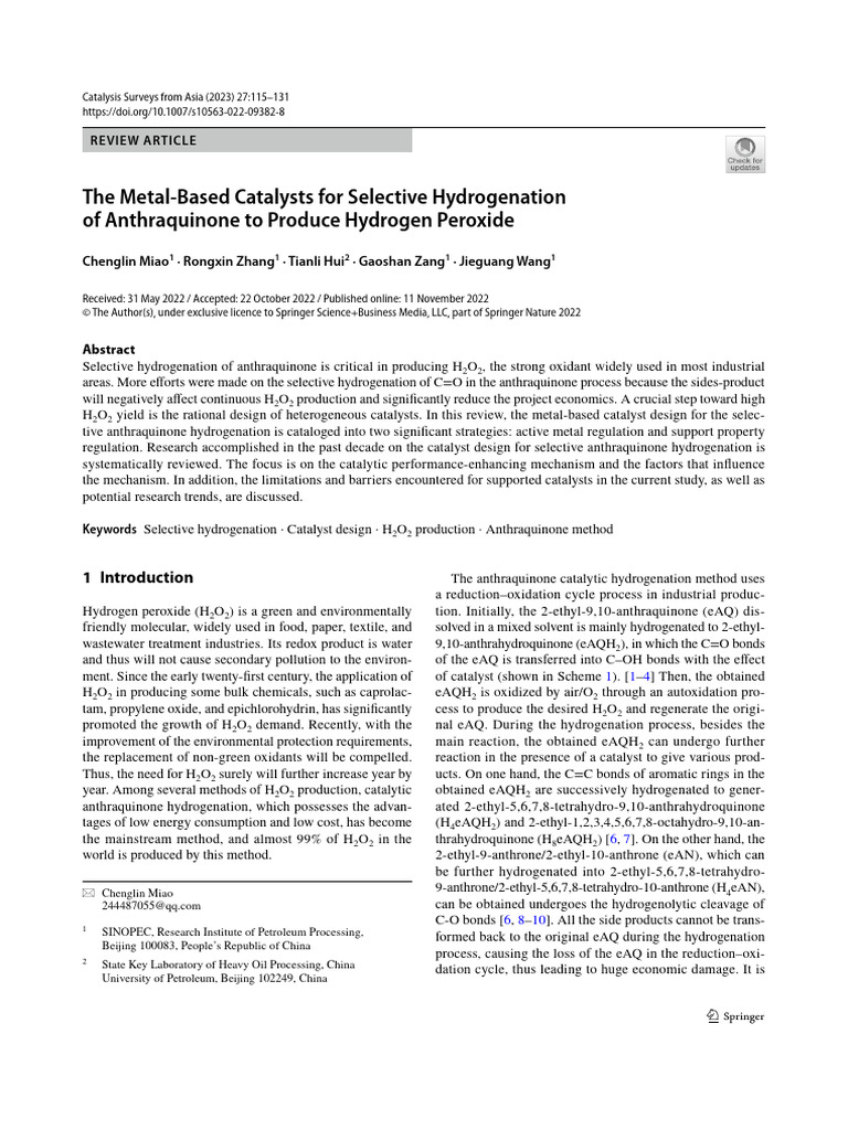 The Metal Based Catalysts For Selective Hydrogenation of Anthraquinone ...