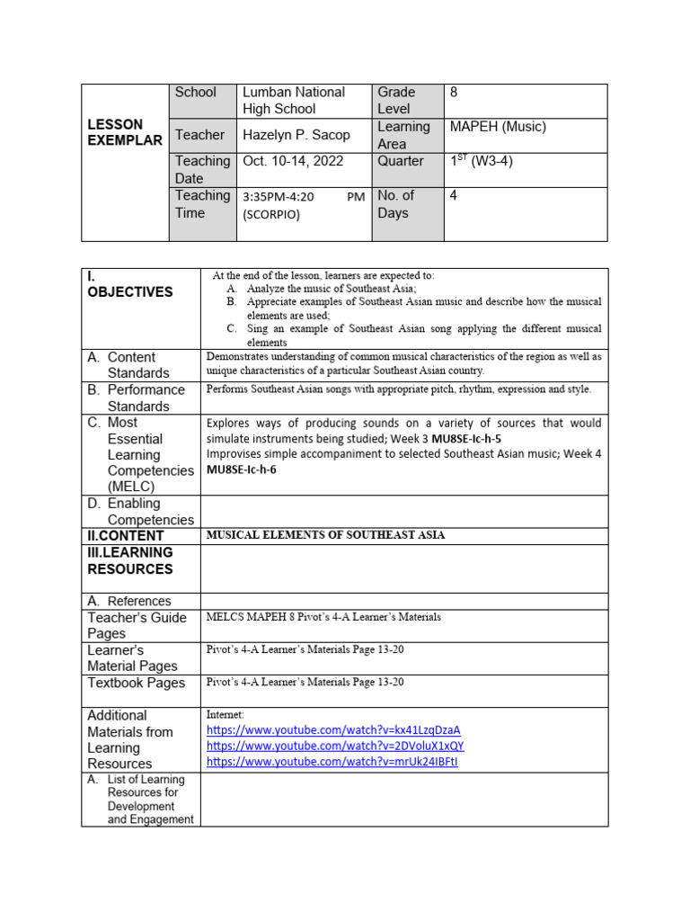 Lesson Exemplar in Music 8 q1 w3 4 | PDF | Malaysia | Entertainment