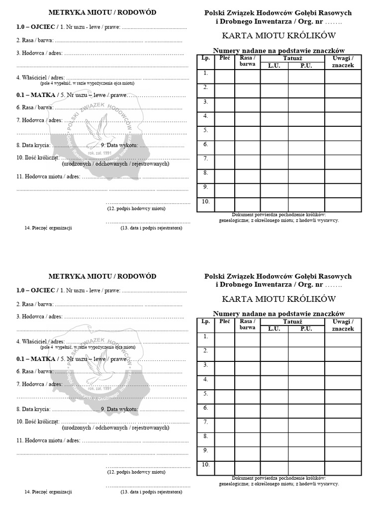 Karta i Metryka Miotu Króliki | PDF
