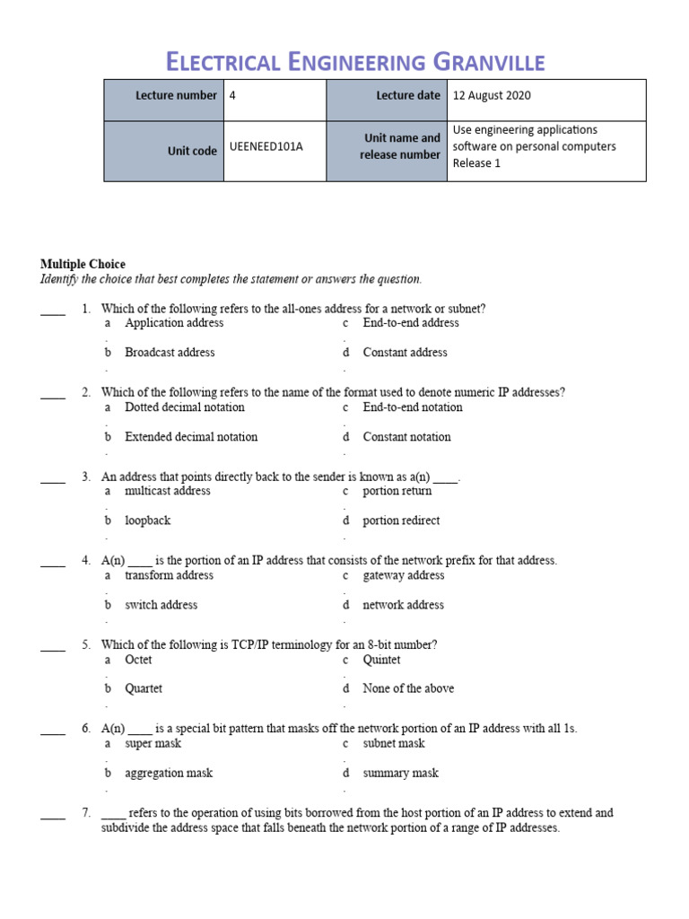 Quiz 4 | PDF | Ip Address | Internet Standards