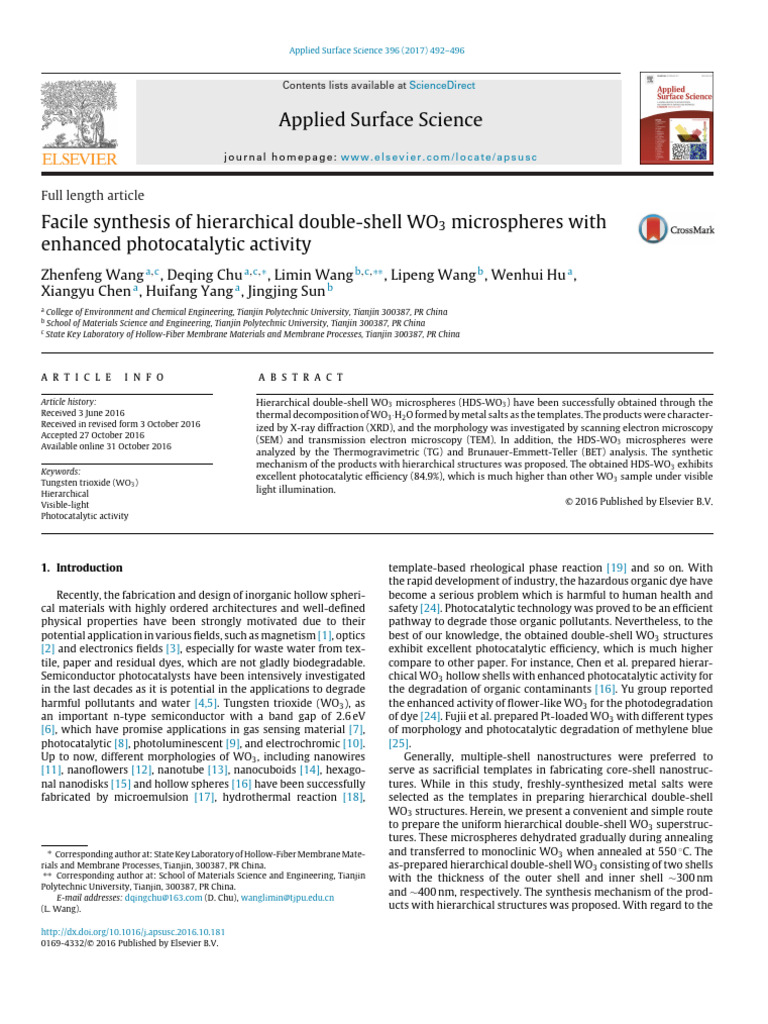 Facile Synthesis Of Hierarchical Double Shell Wo3 Microspheres With Enhanced Photocatalytic