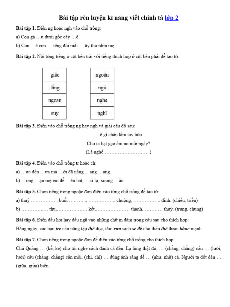 Bai Tap Ren Luyen Ki Nang Viet Chinh Ta Lop 2 | PDF