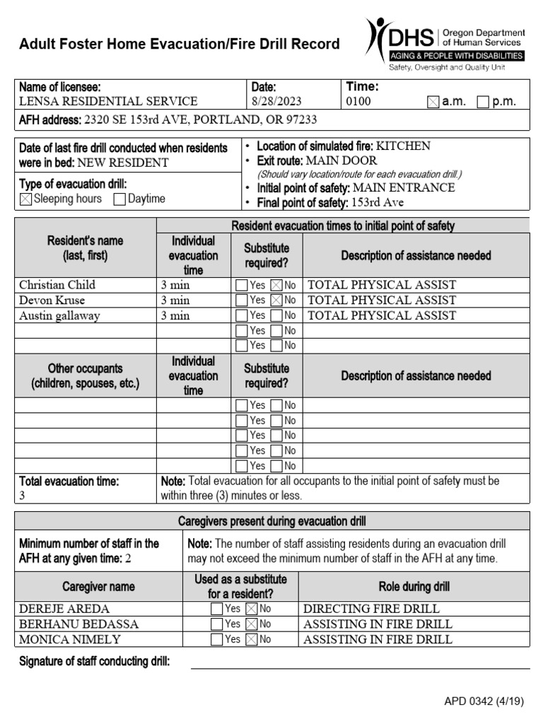 Fire Drill Form Blank | PDF