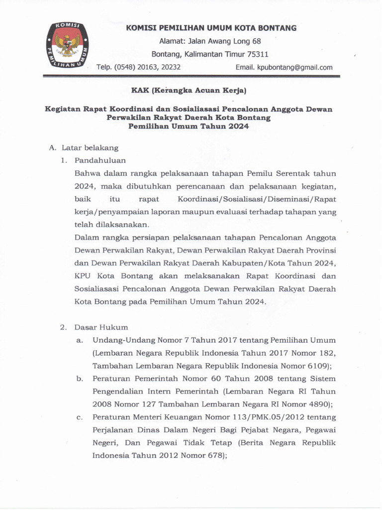 KAK Rakor Dan Sosialisasi Pencalonan DPRD | PDF | Pengelolaan Keuangan ...