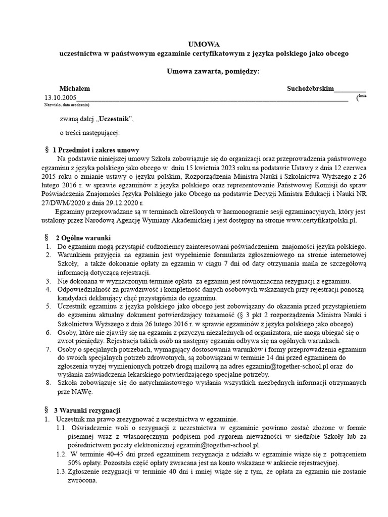 Umowa Uczestnictwa | PDF