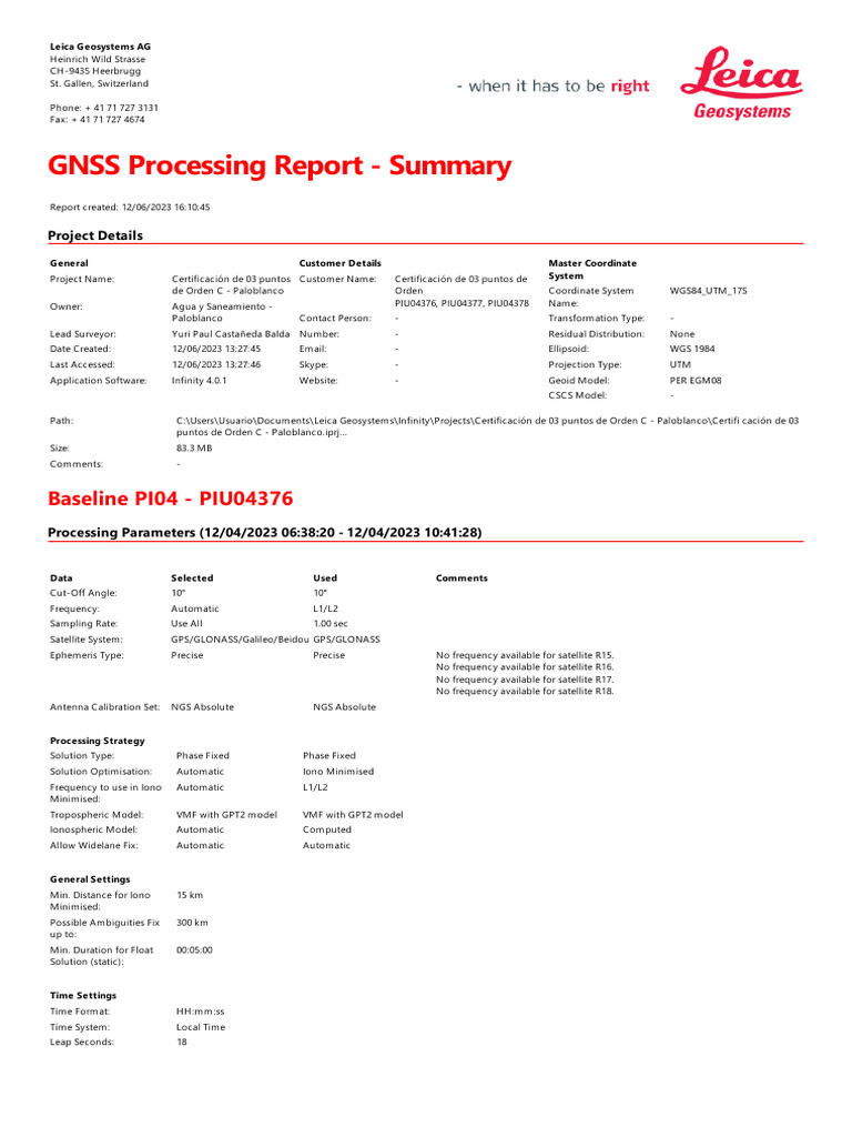 Certificación de 03 Puntos de Orden C - Paloblanco GNSS Processing Report - Summary | PDF ...
