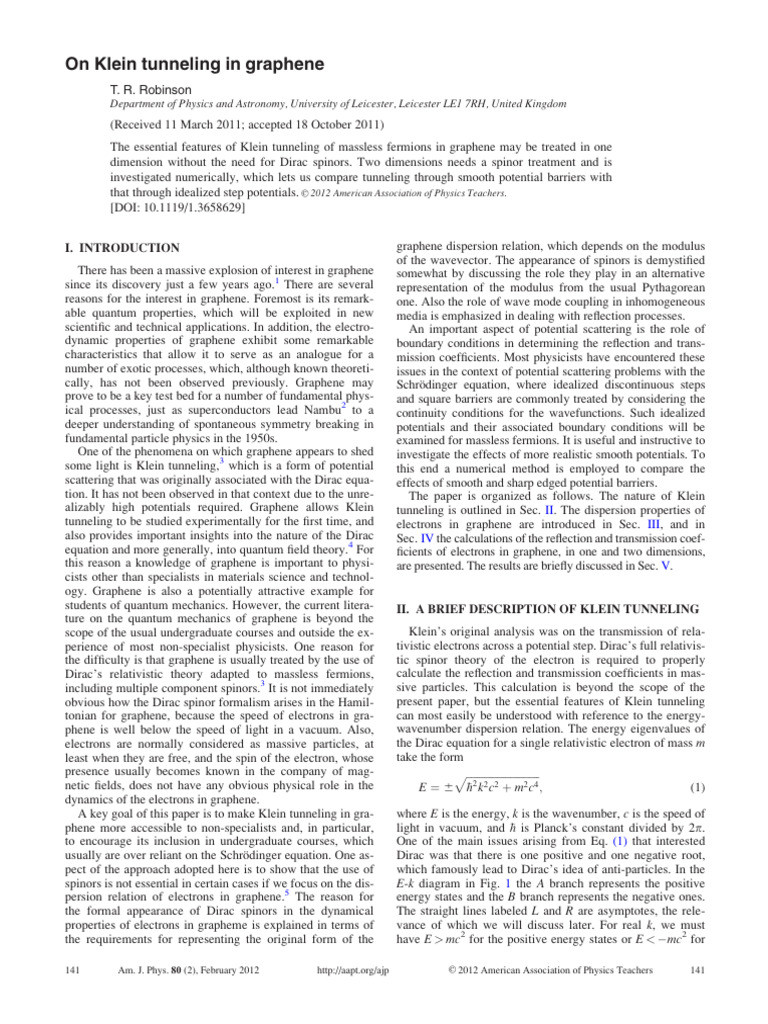 Klein Tunneling in Graphene | PDF | Wave Function | Waves