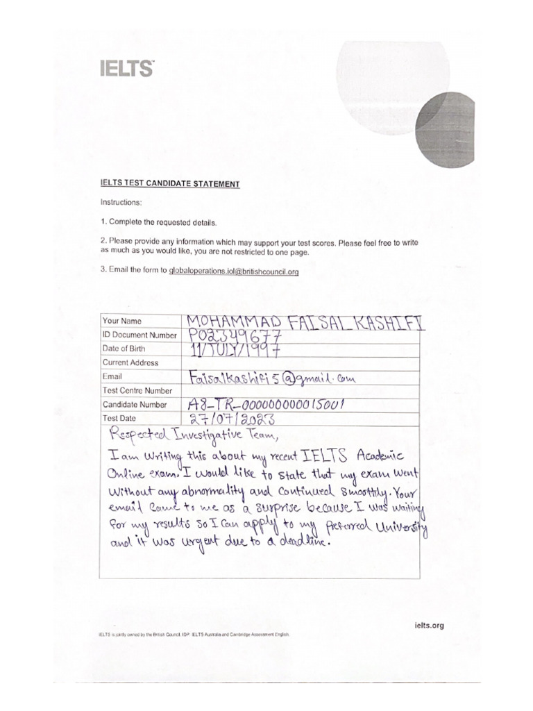 Ielts Test Candidate Statement | PDF