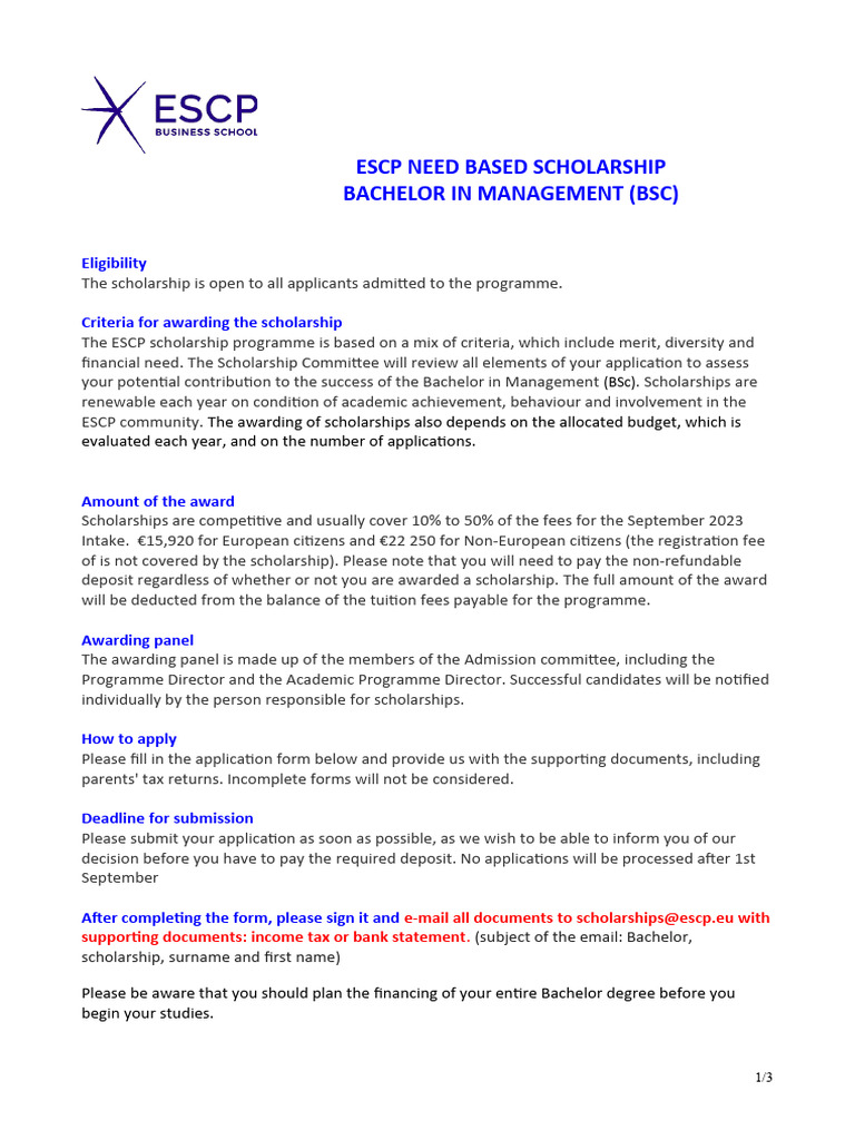 ESCP Bachelor Scholarship Application Form 2023 | PDF | Taxes | Gross ...