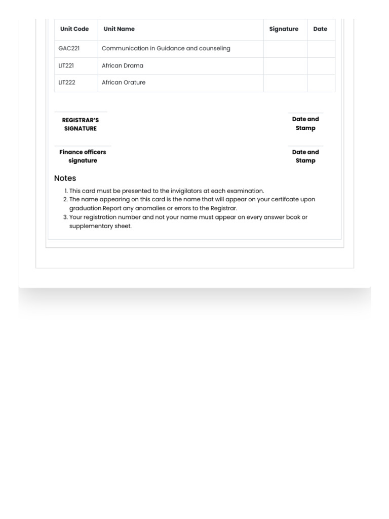 Examination Card Instructions | PDF