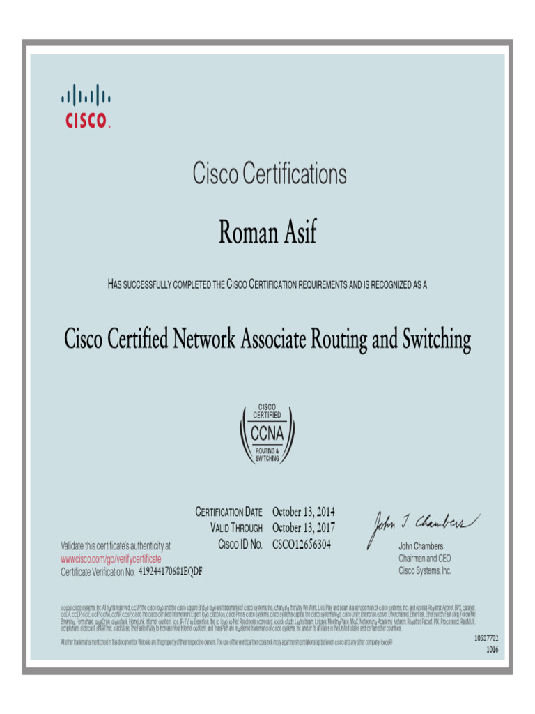 Ccna Certificate | PDF | Cisco Certifications | Computer Networking