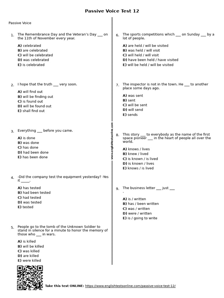 Passive Voice Test 12 Questions | PDF